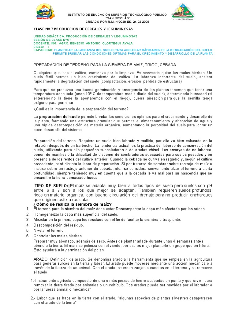 Clase #7 Producción de Cereales y Leguminosas | PDF | Arado | Agricultura