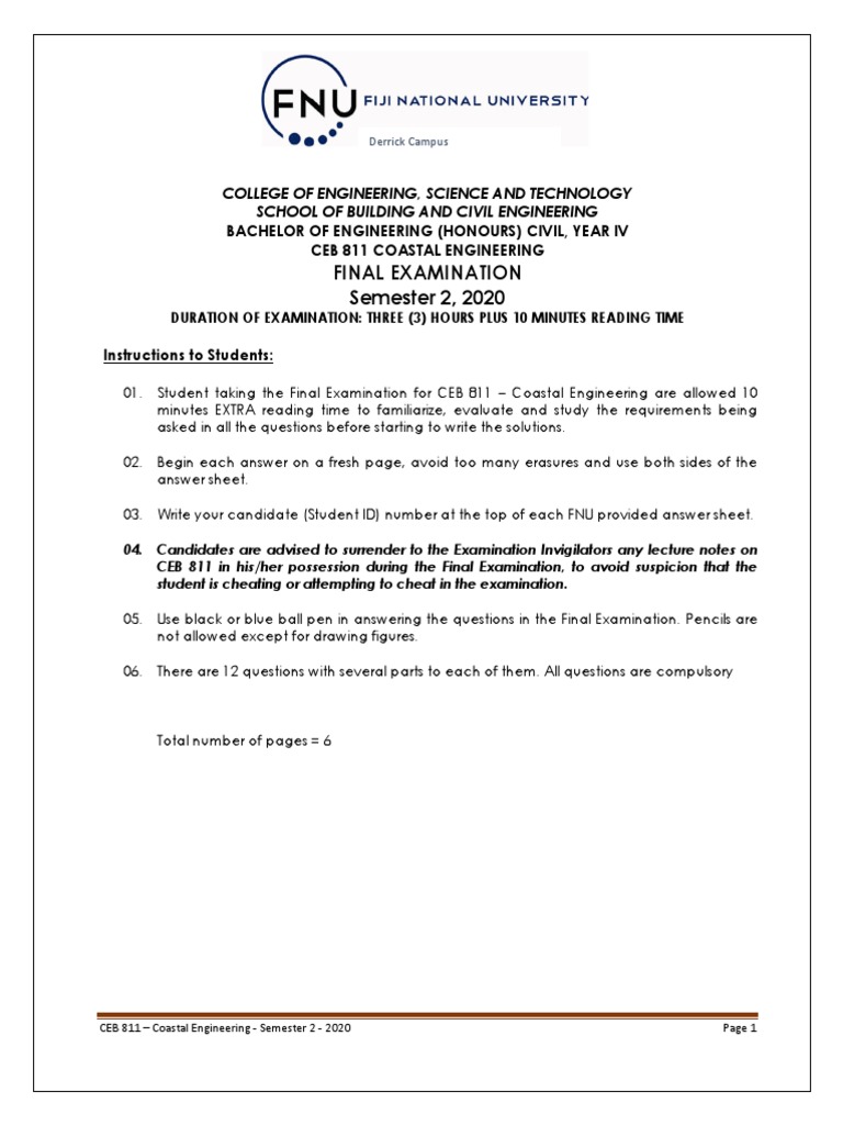 CEB 811 Coastal Engineering Exam 2020 | PDF | Tide | Waves