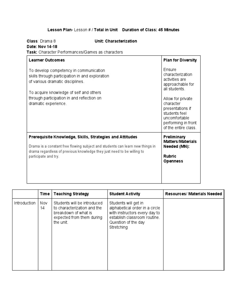 Drama 8: Characterization Unit | PDF | Lesson Plan | Change