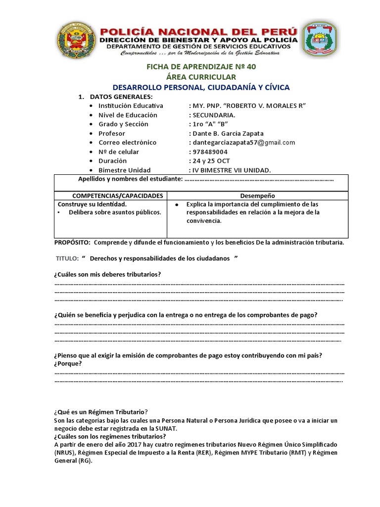 Ficha de Apren #40 4to Bim 1ro Sec | PDF