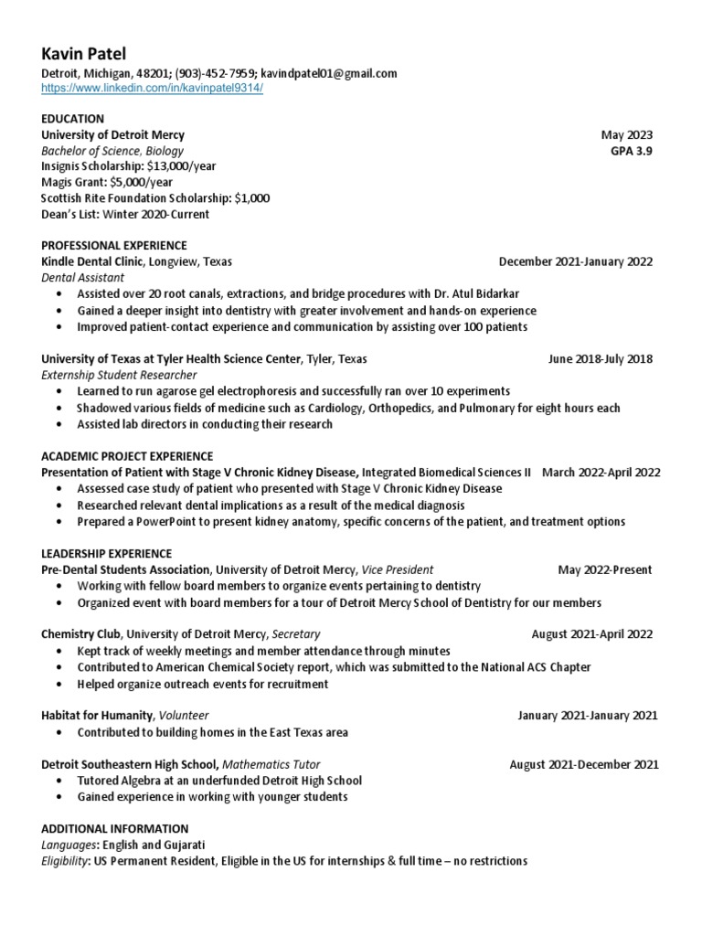 Kavin Patel Resume | PDF | Dentistry | Chronic Condition