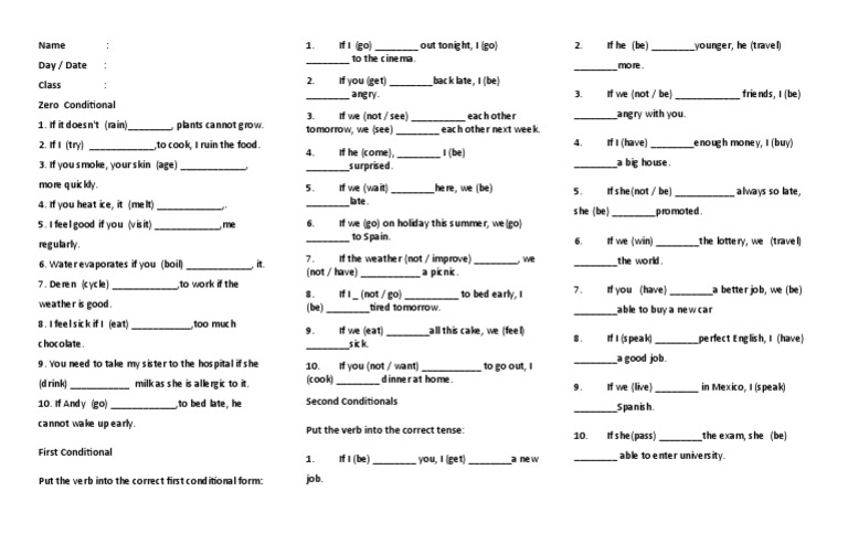 Conditional Sentences Exercises Type 0, 1 and 2 | PDF