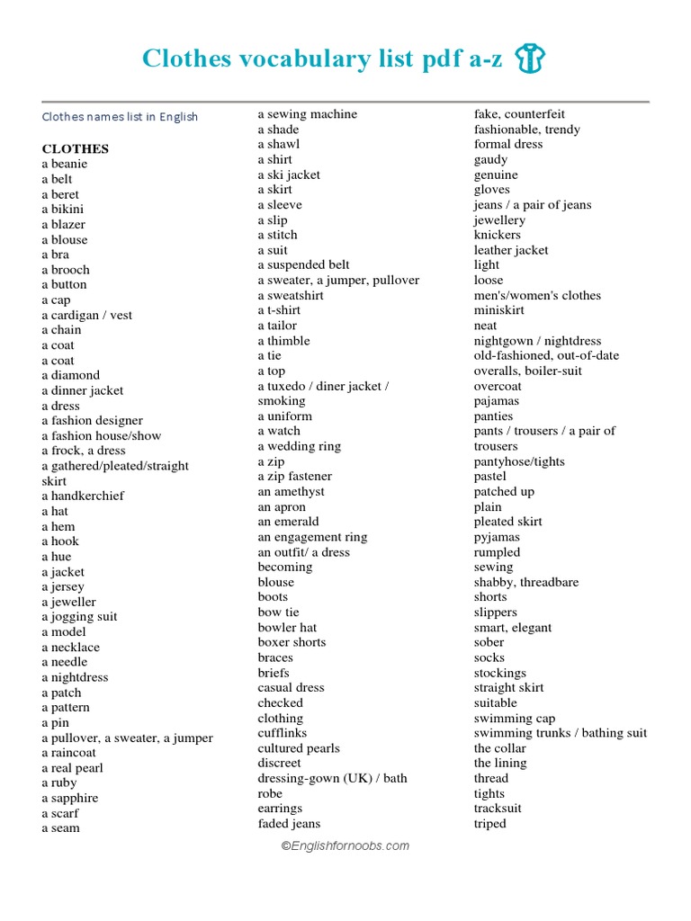 Clothes Vocabulary List PDF A Z | PDF