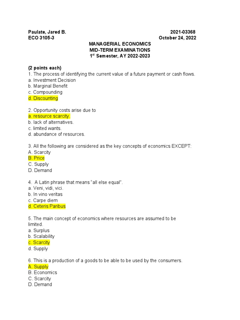 Managerial Economics MID-TERM EXAMS 1st Tri 2021-2022 | PDF | Economics ...