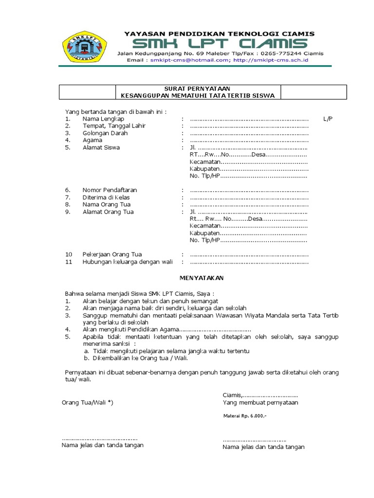 Surat Pernyataan Kesanggupan Mematuhi Tata Tertib Siswa | PDF