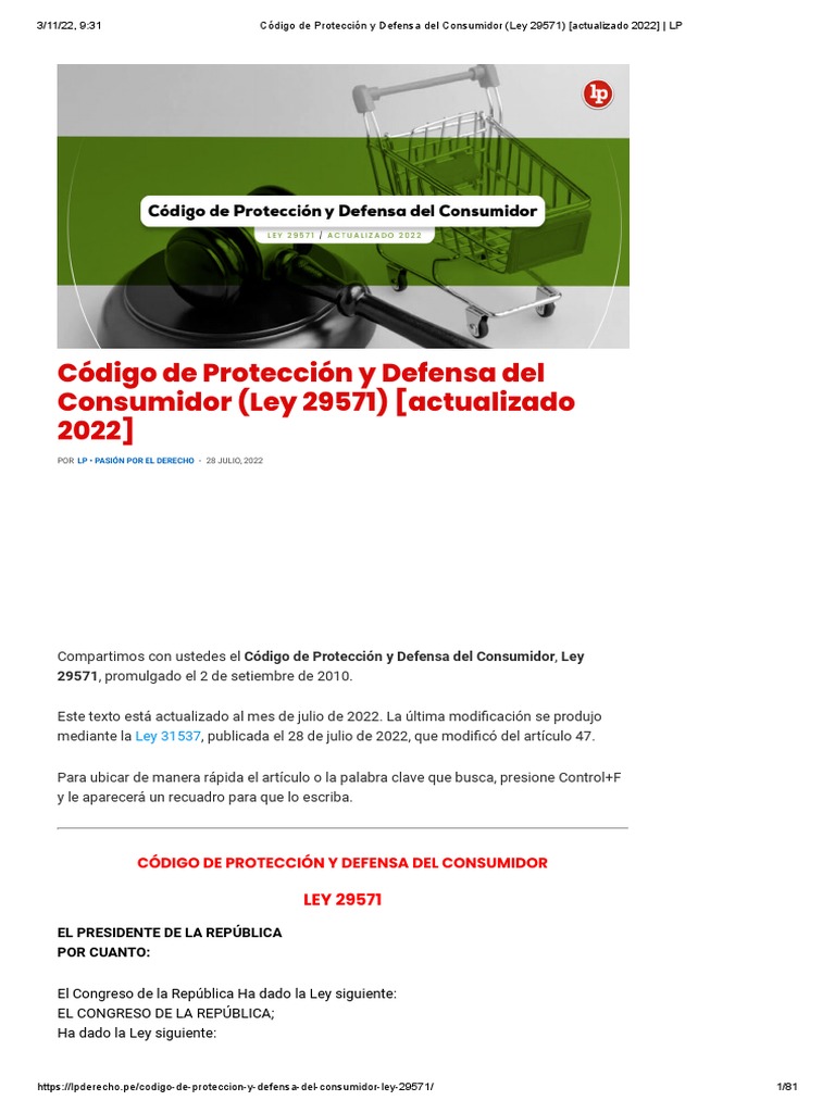 Código de Protección y Defensa Del Consumidor (Ley 29571) [Actualizado 2022] | PDF | Protección ...