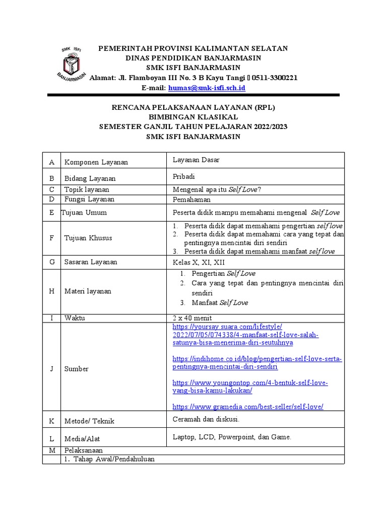 Rencana Pelaksanaan Self Love di SMK ISFI | PDF | Karier & Perkembangan