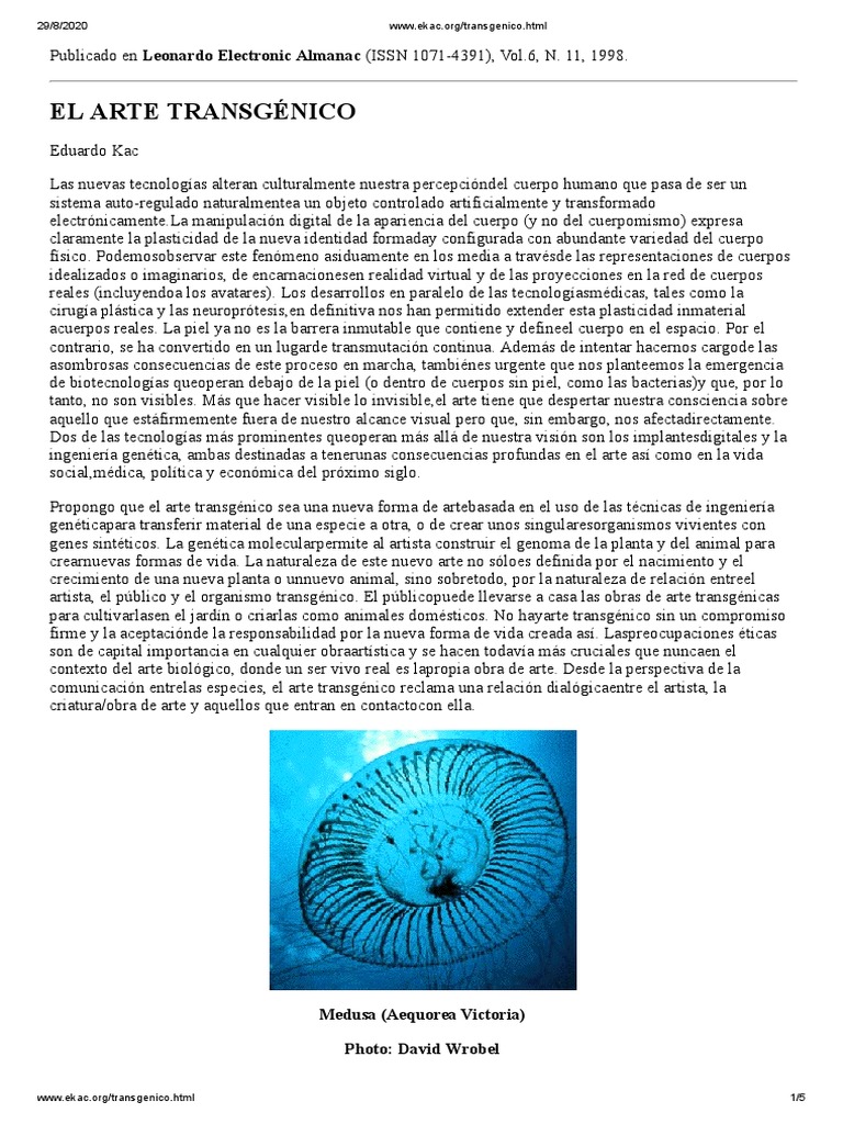 Kac. El Arte Transgénico | PDF | Adn | Gene
