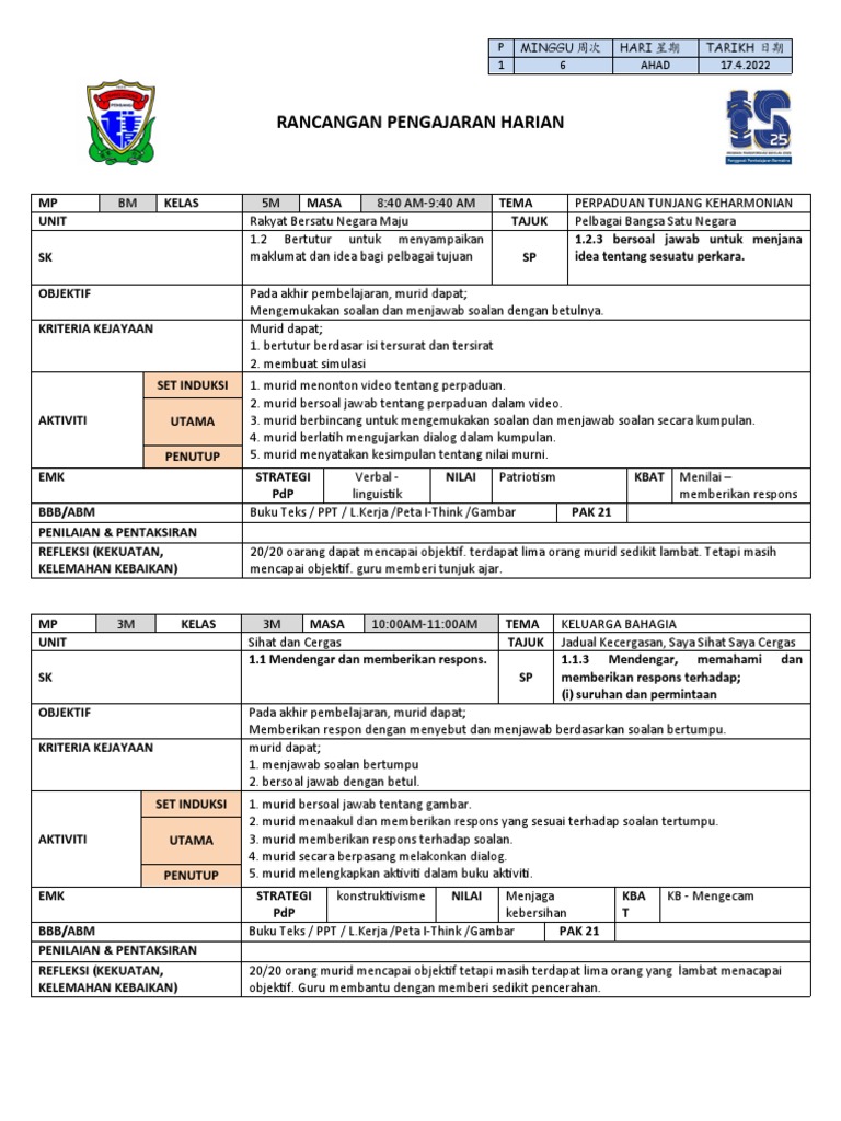 Rancangan Pengajaran Harian: P Minggu 周次 Hari 星期 Tarikh 日期 1 6 Ahad 17.4.2022 | PDF