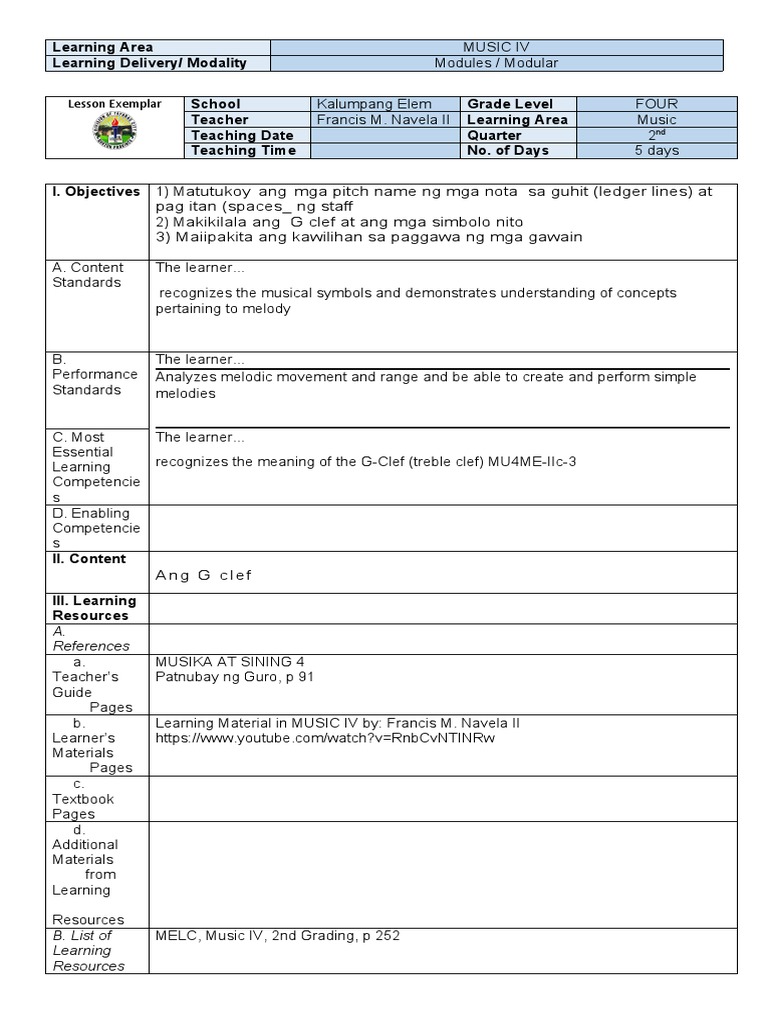 COT-LESSON-EXEMPlar Music 1st | PDF