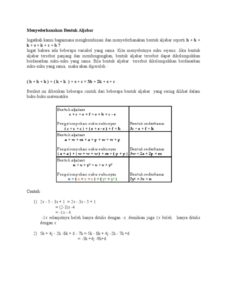 Menyederhanakan Bentuk Aljabar | PDF