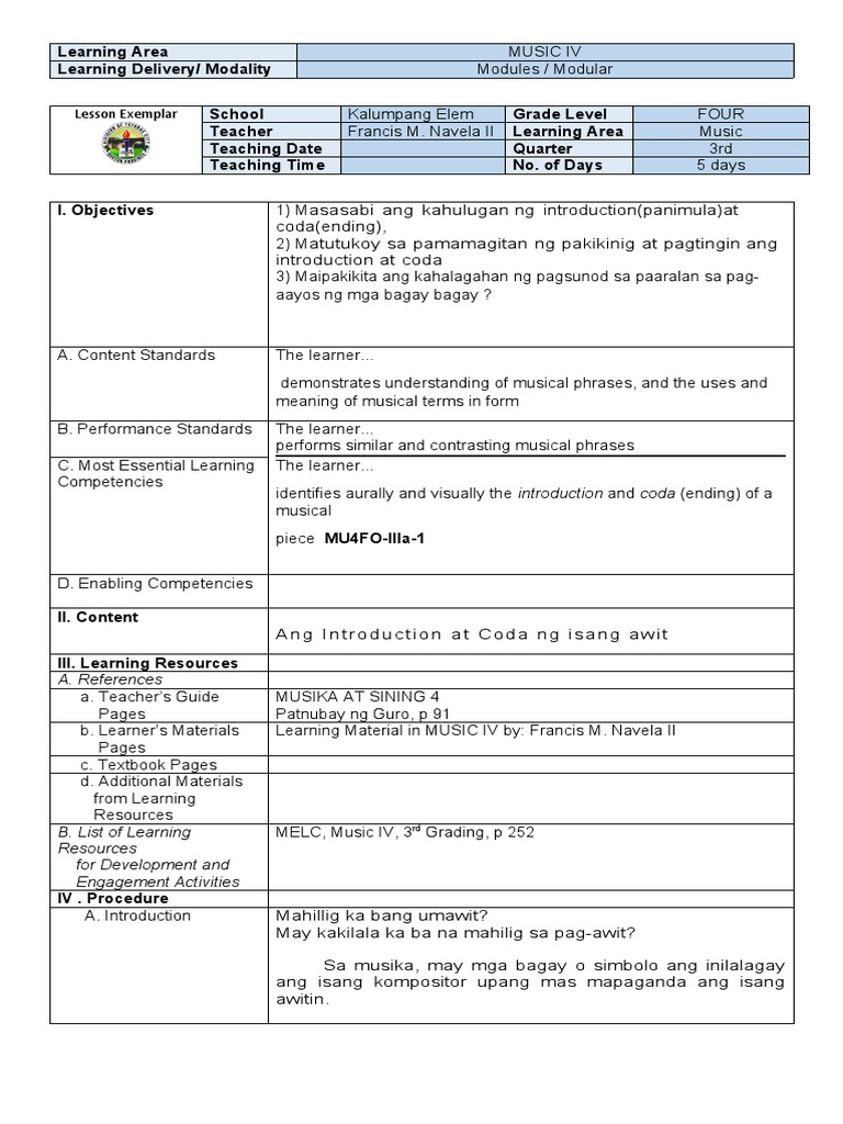 COT-LESSON-EXEMPlar Music | PDF
