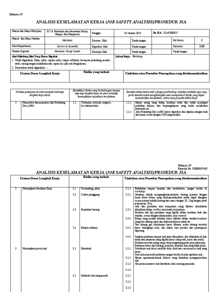 JSA Perbaikan & Perawatan Mesin, Pompa, Kompresor | PDF