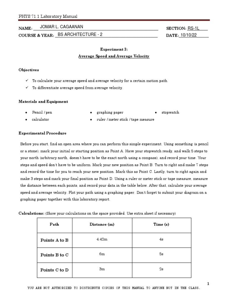 Average Speed vs. Velocity Lab Guide | PDF | Speed | Velocity