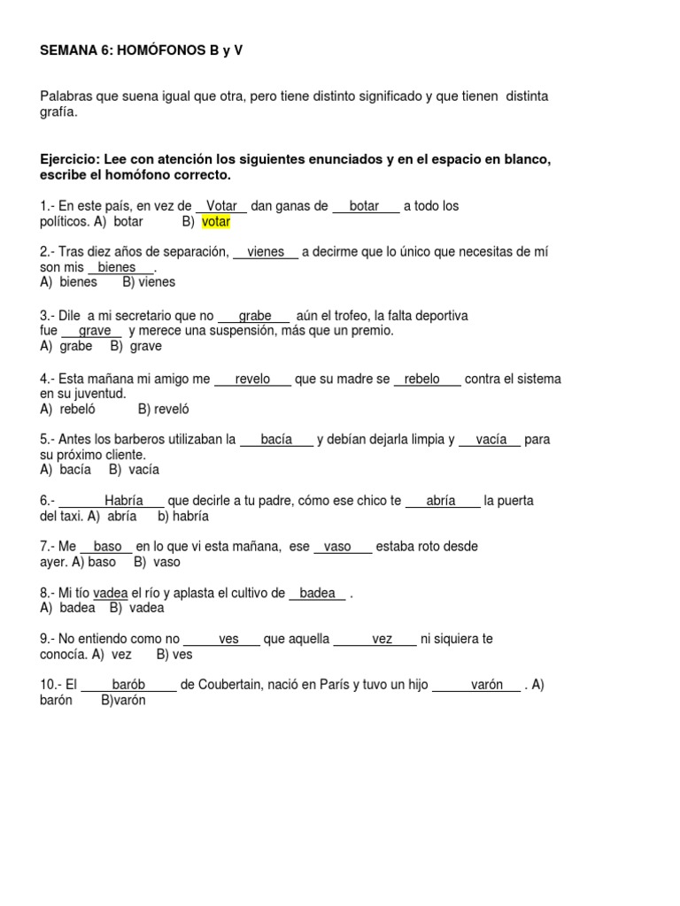 Homófonos B-V | PDF | Artes del Lenguaje y Comunicación | Estudios de ...