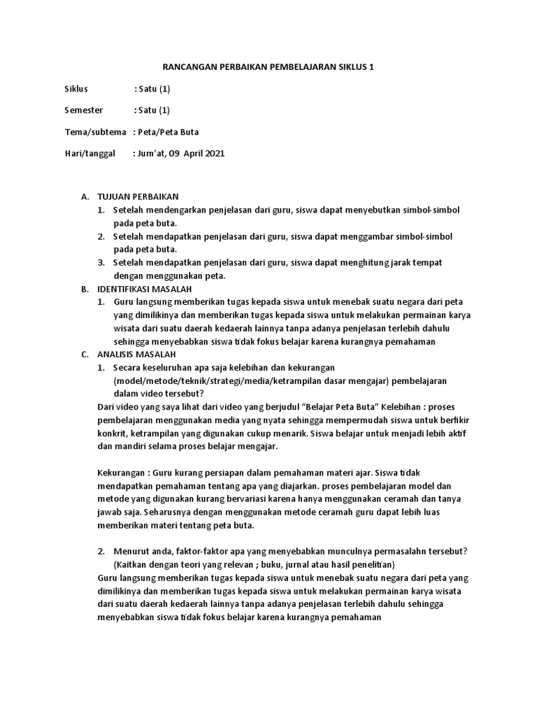 Rancangan Perbaikan Pembelajaran Siklus 1 | PDF