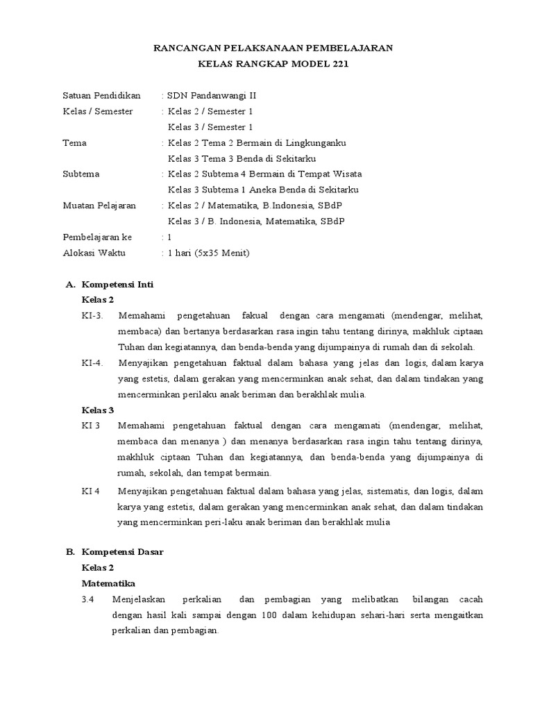 RPP Kelas Rangkap Model 221 K13 SD | PDF | Karier & Perkembangan ...