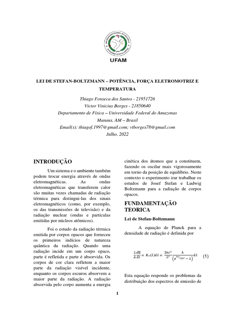 Experimento 2 - Lei de Stefan-Boltzmann | PDF | Termodinâmica | Metrologia