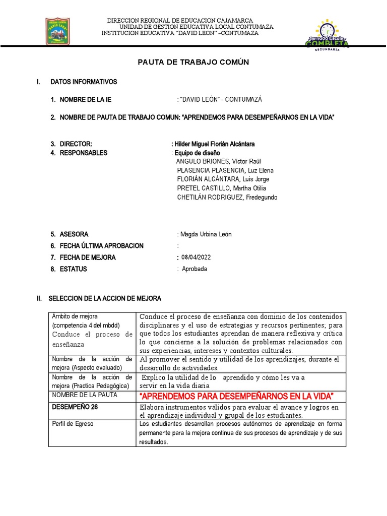 Pauta de Trabajo Comun - 2022 - 2023 - David León | PDF | Evaluación | Aprendizaje