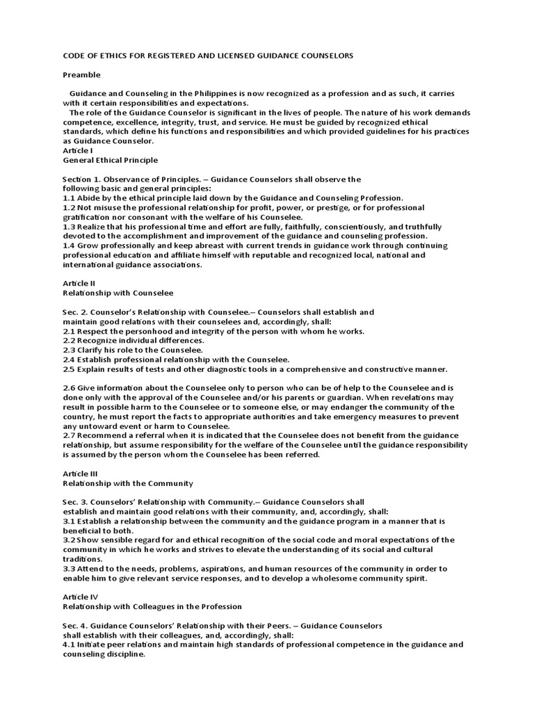 Code of Ethics For Registered and Licensed Guidance Counselors | PDF ...