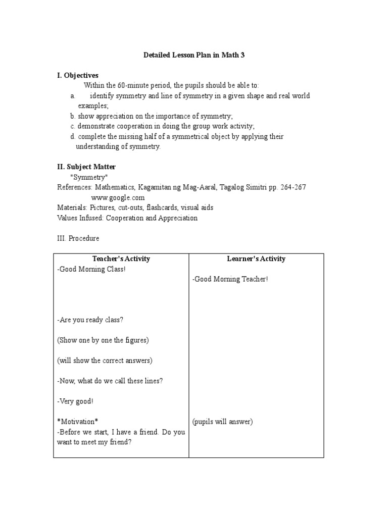 Detailed Lesson Plan in Math 3 Symmetry | PDF | Symmetry | Lesson Plan