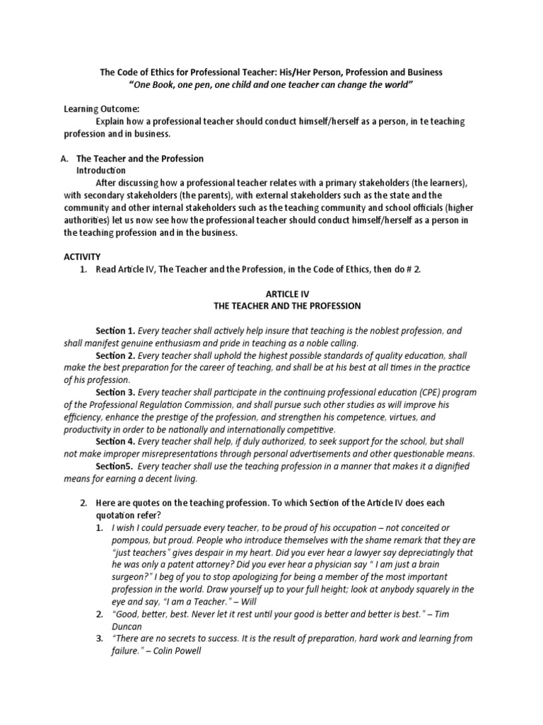 Code of Ethics for Professional Teachers | PDF | Teachers | Loans