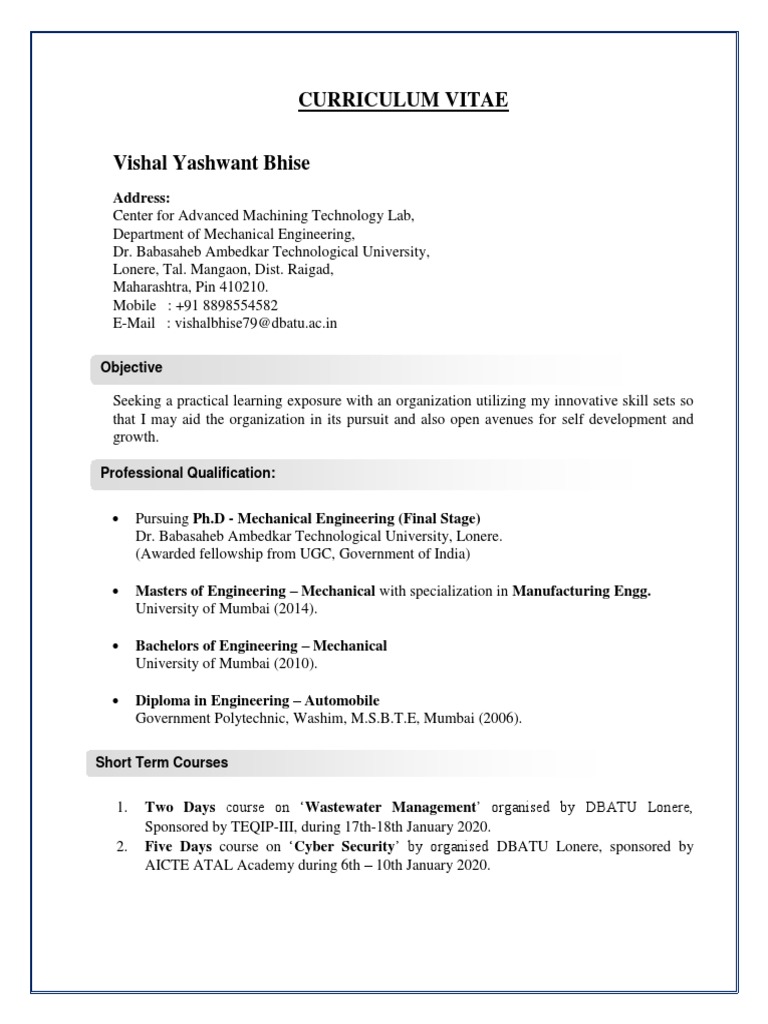 CV Vishal Bhise Amity | PDF | Machining | Engineering