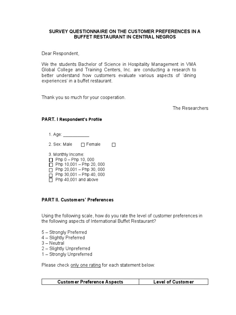 Survey Questionnaire | PDF | Restaurants | Buffet