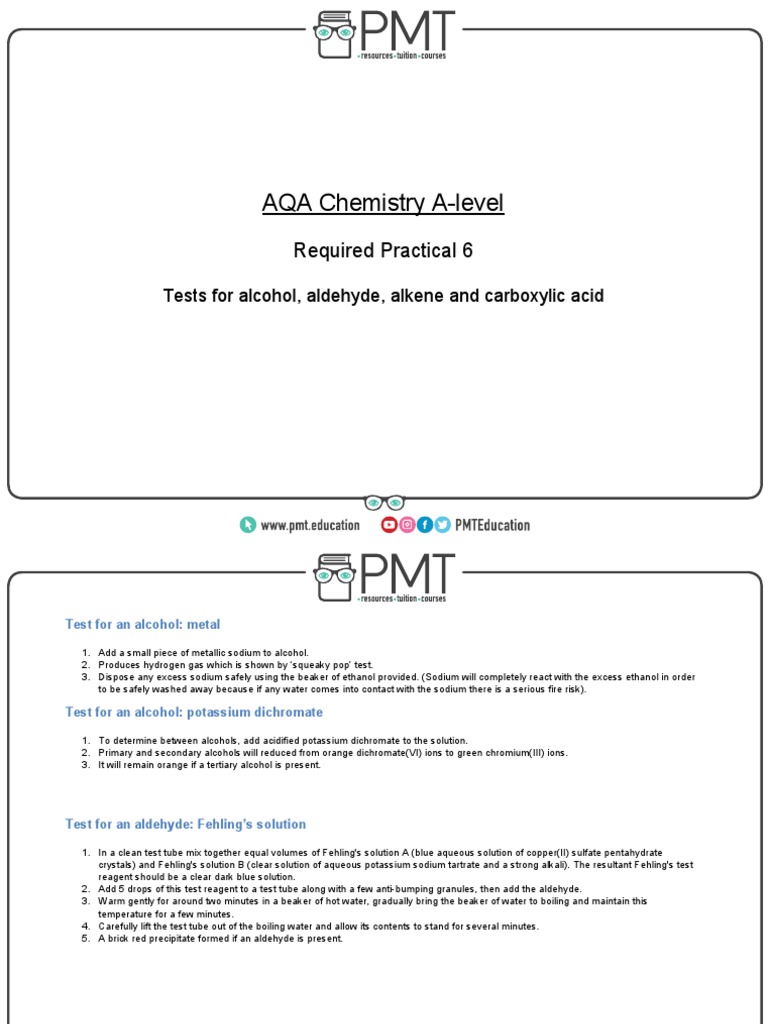 AQA Chemistry A-level Required Practical 6 Tests for alcohol, aldehyde ...
