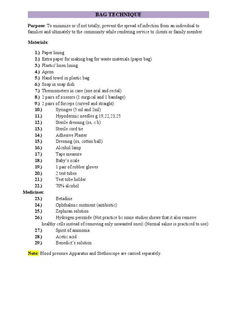 Bag Technique Checklist | PDF | Hand Washing | Medical Specialties