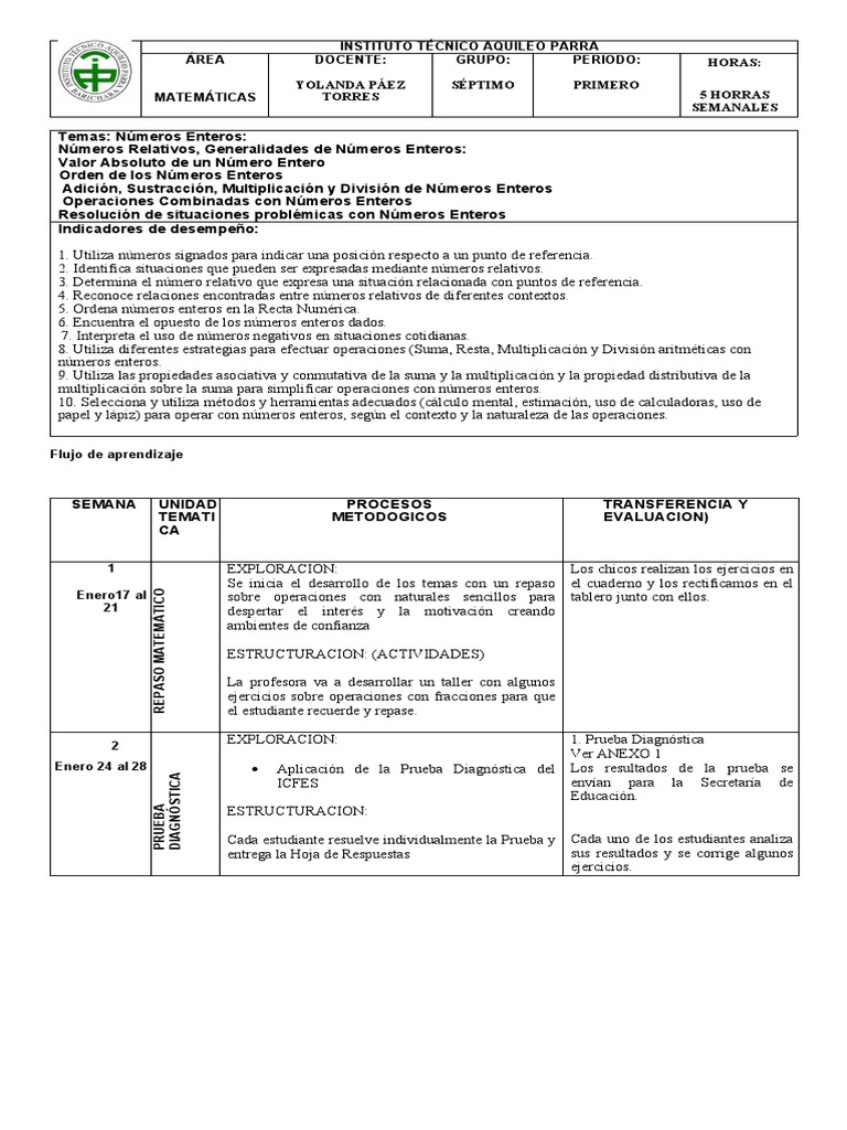 Plan de Clase Grado Séptimo 2022 | Descargar gratis PDF | Entero ...