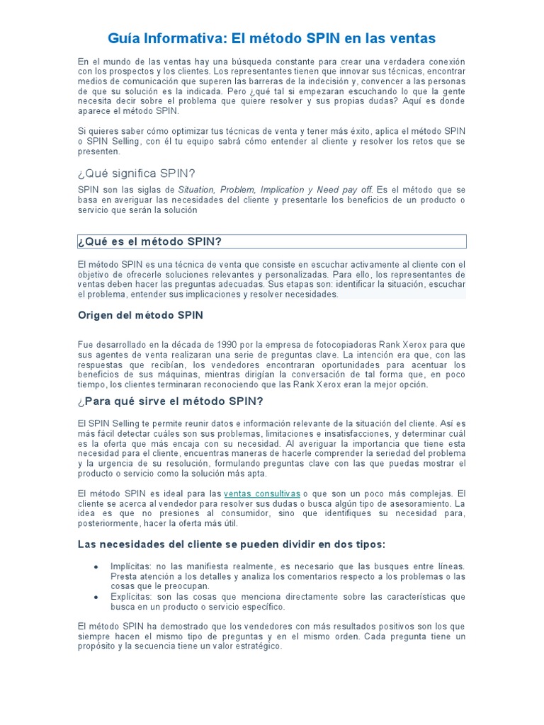 El Método Spin Y Para Qué Sirve En Las Ventas Pdf Cliente Los