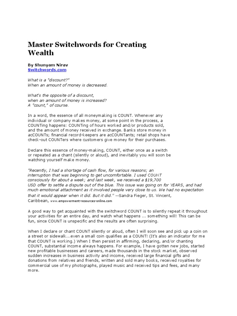 Master Switchwords For Creating Wealth | PDF | Money | Thought