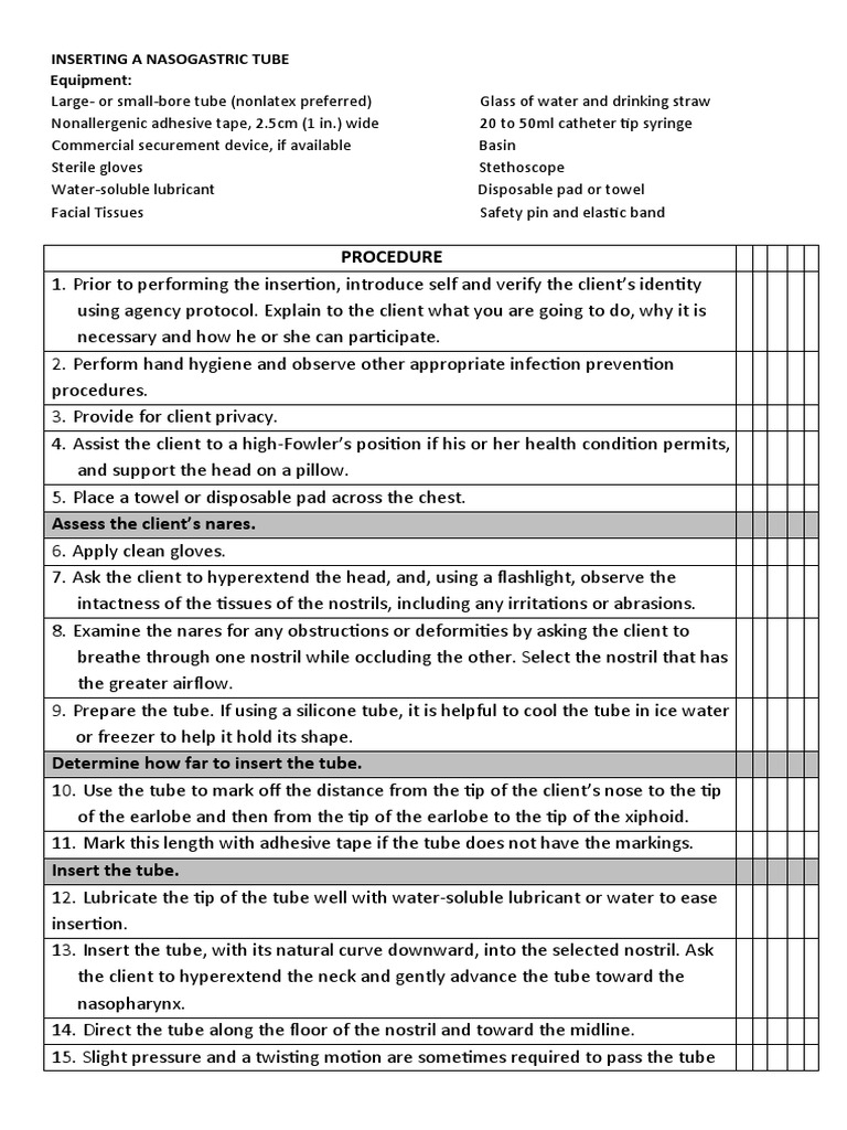 Checklist - Inserting A Nasogastric Tube | PDF | Medical Specialties ...