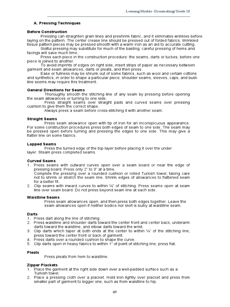 Learning Module Quarter 1 Dressmaking G10 1 From 144 90 Page 69 90 | PDF | Seam (Sewing ...