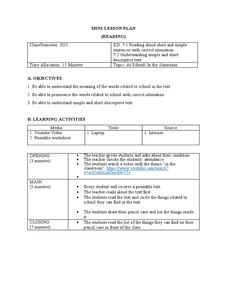 Mini Lesson Plan (Reading) | Download Free PDF | Classroom | Schools