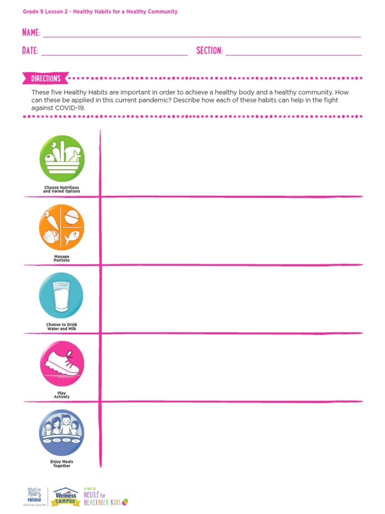 Lesson 2 - Healthy Habits For A Healthy Community Worksheet 2 | PDF