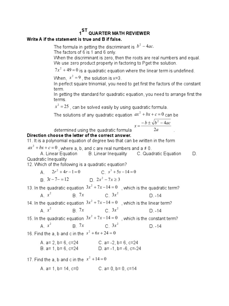 1st Quarter Math Reviewer | PDF | Quadratic Equation | Equations
