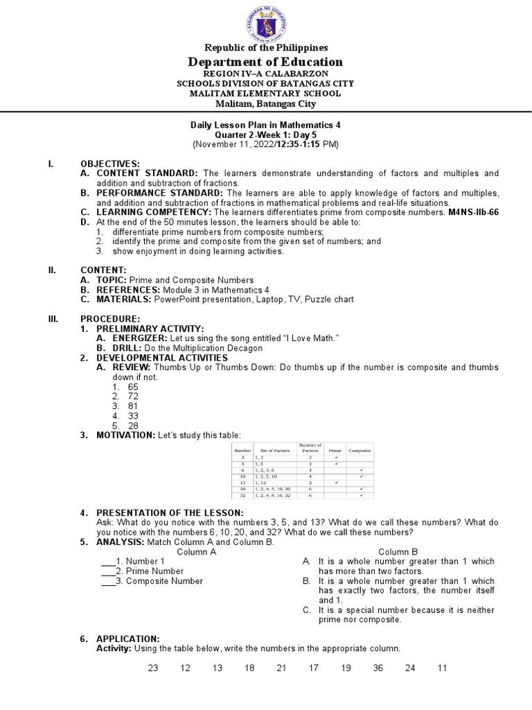 Math 4 Q2W1 Lesson Plan: Prime Numbers | PDF | Prime Number | Learning