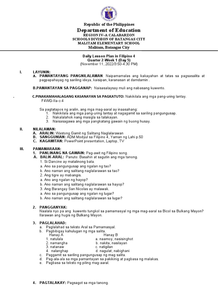 DLP - Q2 - W1 - Day 5 - FILIPINO 4 | PDF