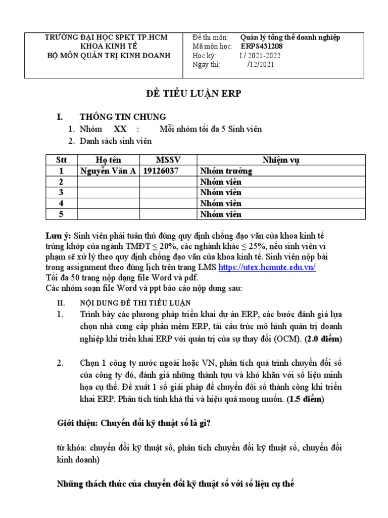 Đề ERP 2021 - 2022 HKI | PDF