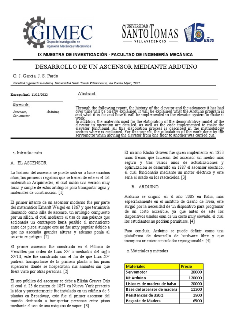 Articulo Proyecto Ascensor Mediante Arduino | PDF | Pascal (Unidad) | Ascensor