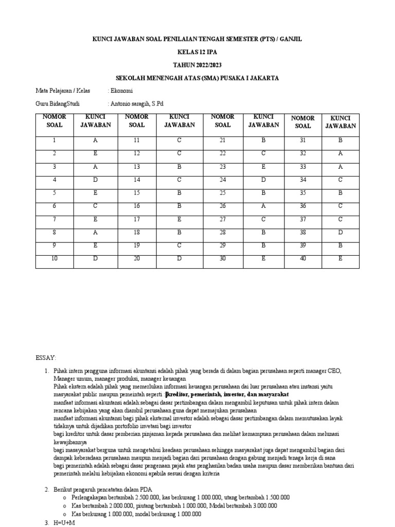Kunci Jawaban Soal Penilaian Tengah Semester Kelas 12 Ipa | PDF