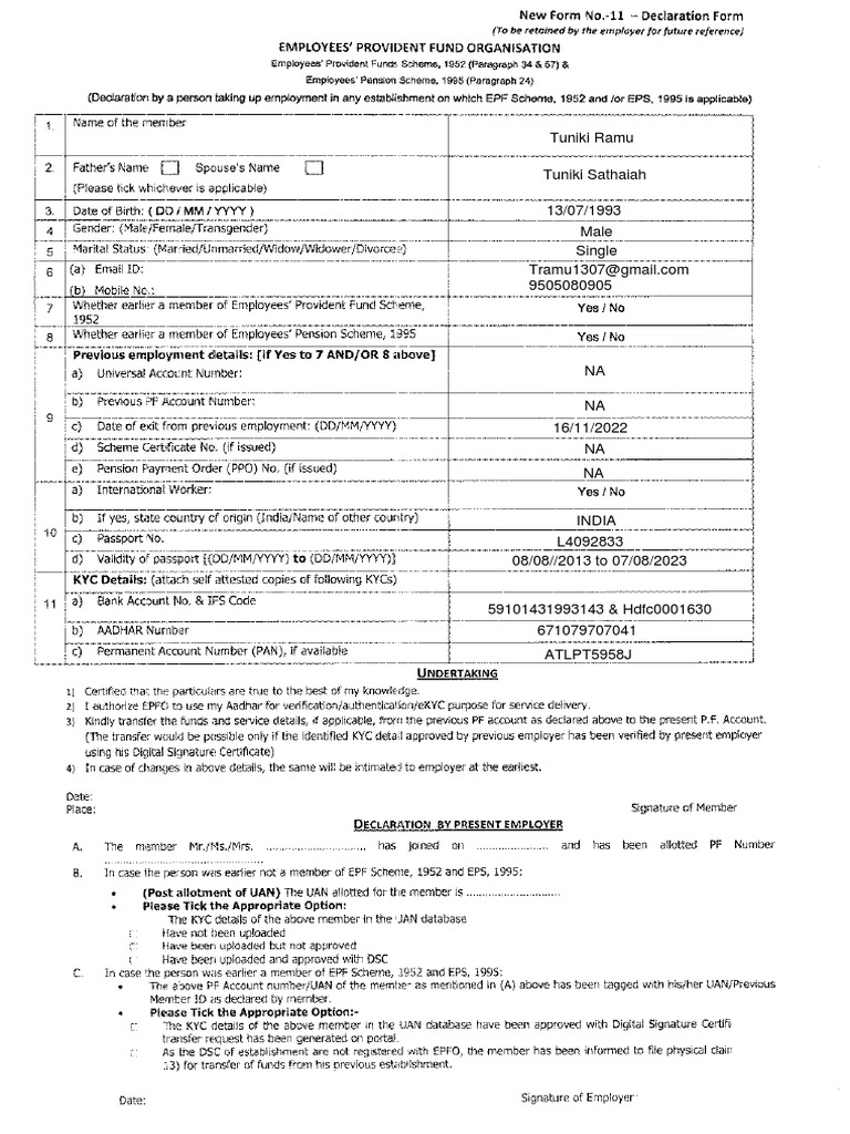 EPFOs New Form No 11 Declaration Form RAMU | PDF