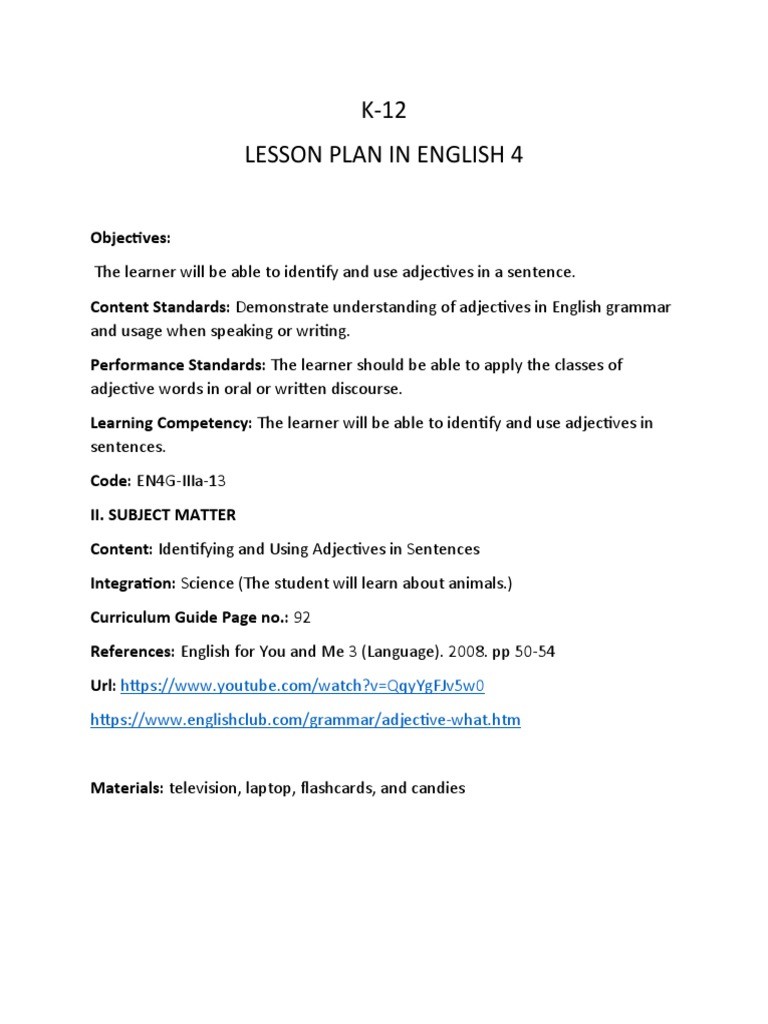 Lesson Plan in English 4 | PDF | English Language | Adjective