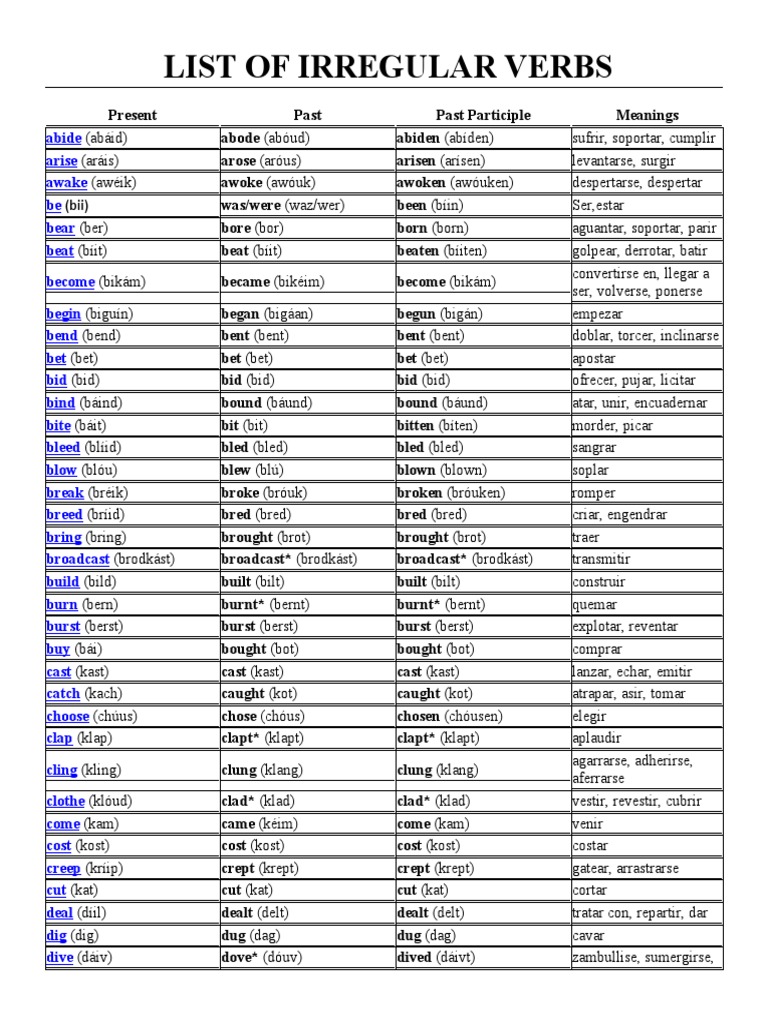 Verb List Irregular | PDF | Linguistics | Grammar