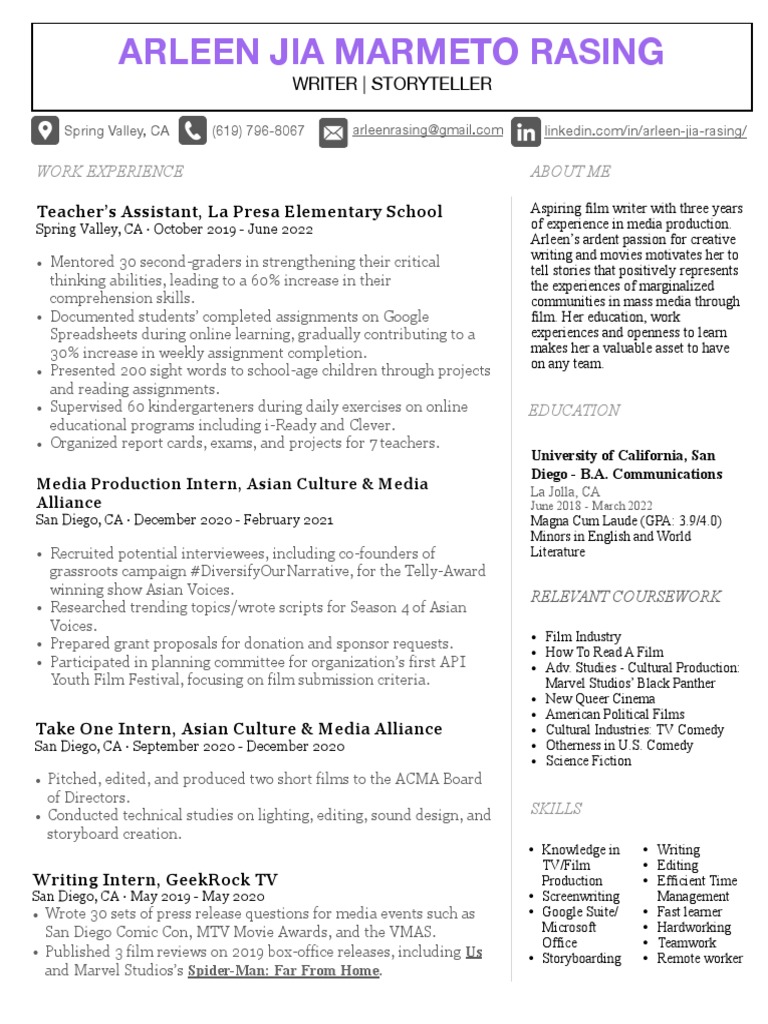 Arleen Jia Rasing - Writers Resume | PDF