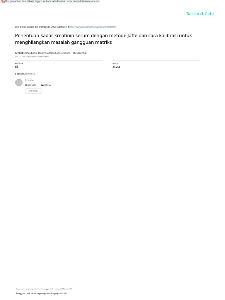 Mengatasi Masalah Interferensi Matriks Serum dalam Penentuan Kadar Kreatinin dengan Metode Jaffe ...