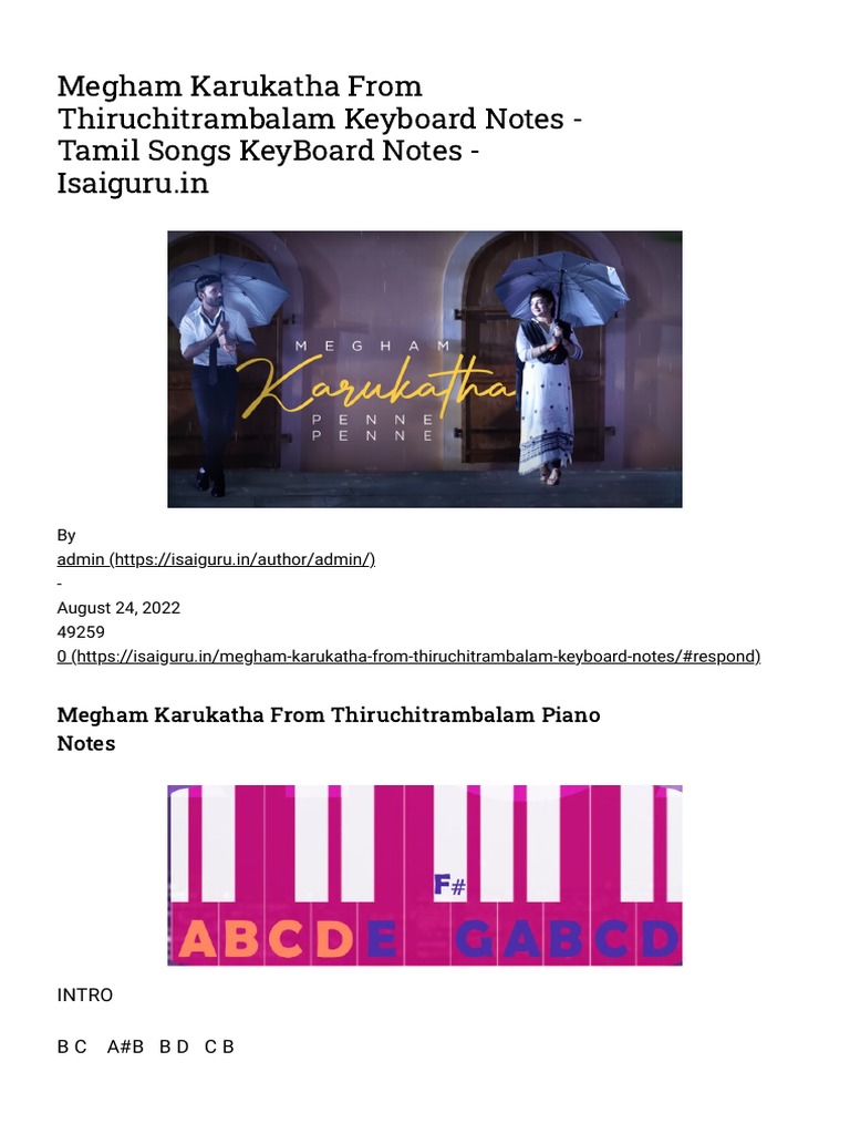 Megham Karukatha From Thiruchitrambalam Keyboard Notes - Tamil S | PDF