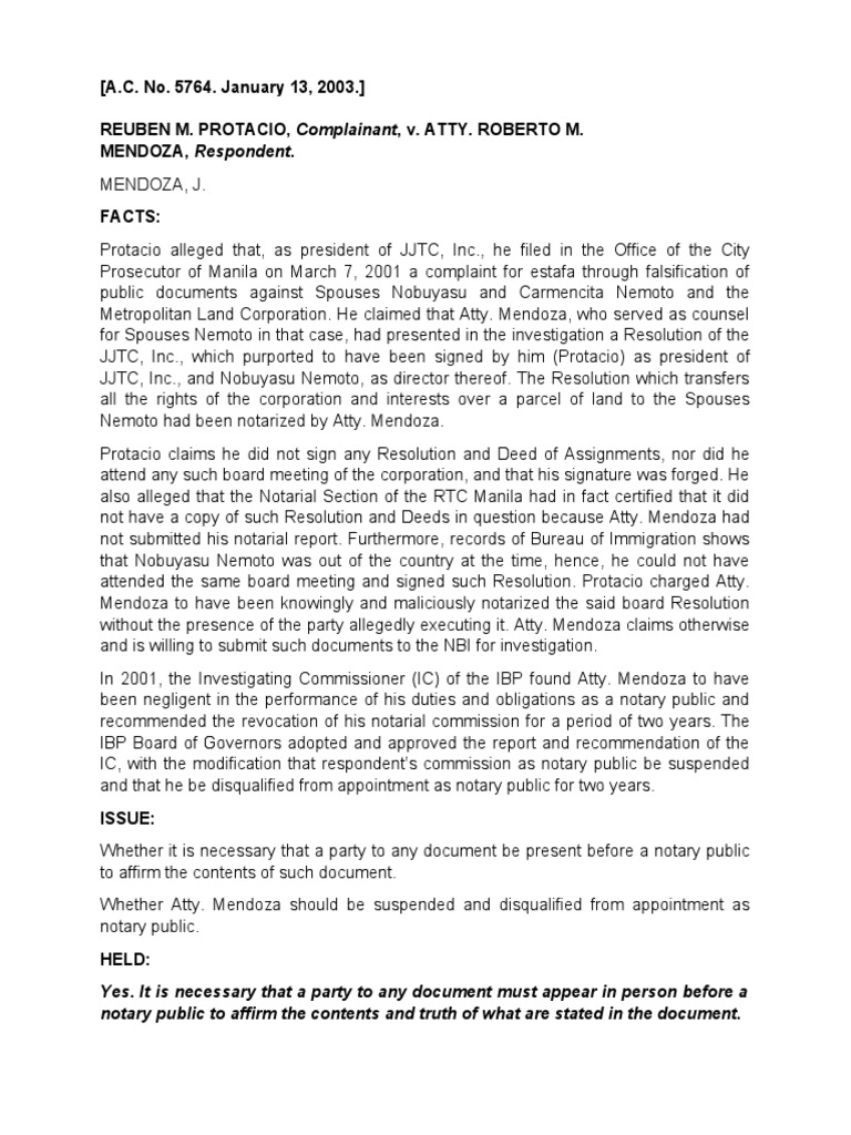 Protacia vs. Atty. Mendoza | PDF | Notary Public | Common Law